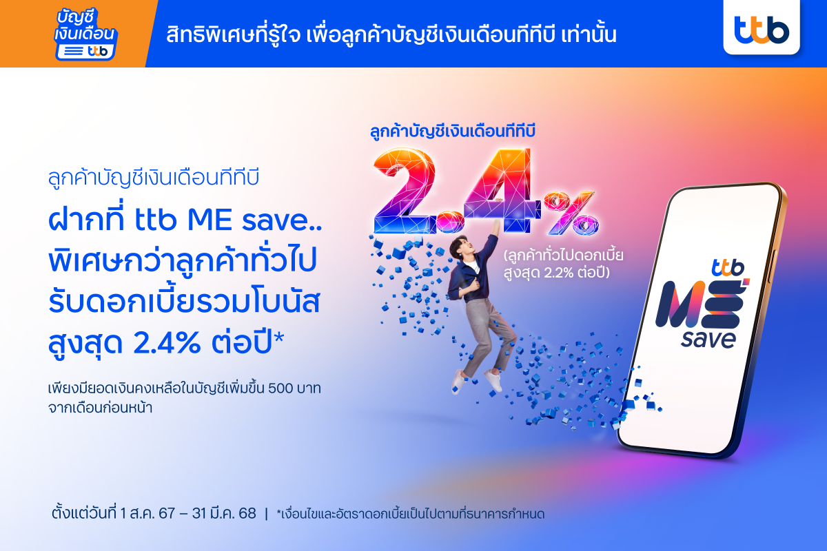 ทีทีบี มอบสิทธิพิเศษการออมลูกค้าบัญชีเงินเดือน ทีทีบี รับดอกเบี้ยรวม ...